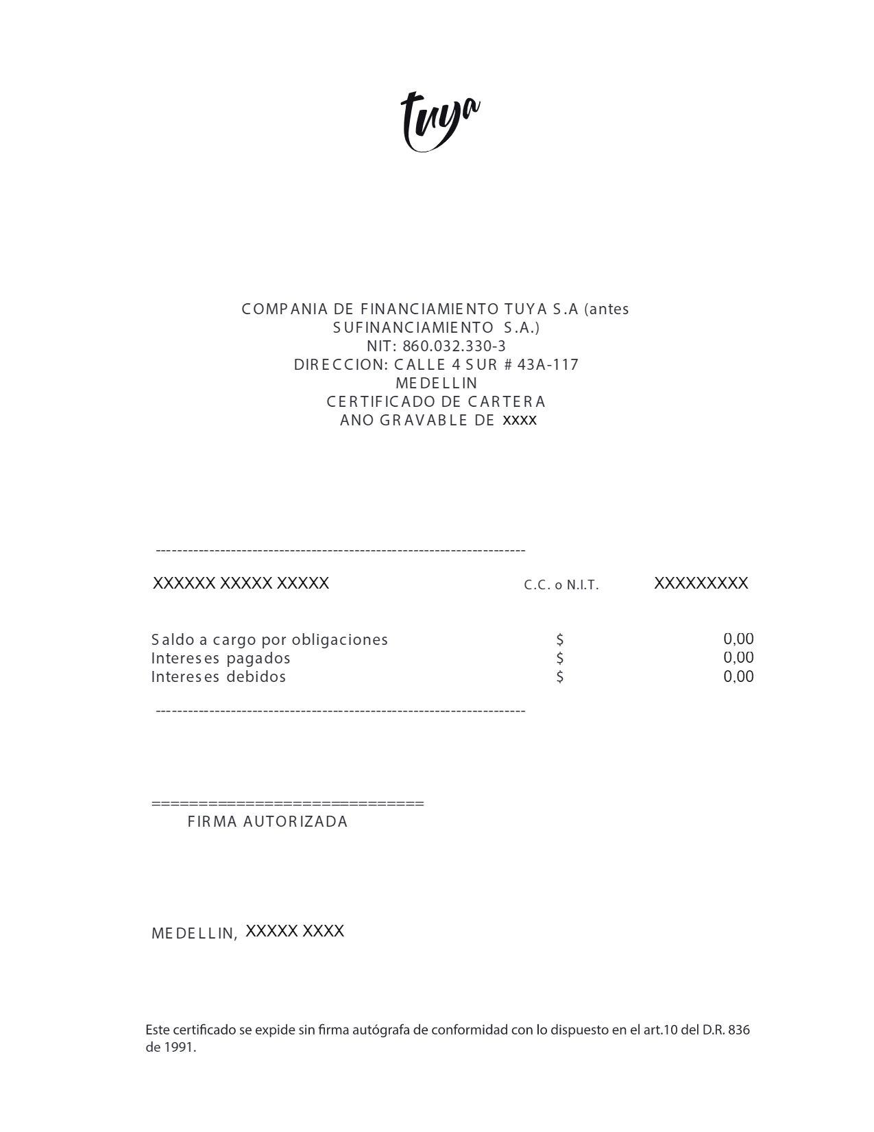 Certificado de cartera - Tuya Compañía de Financiamiento | Tributi